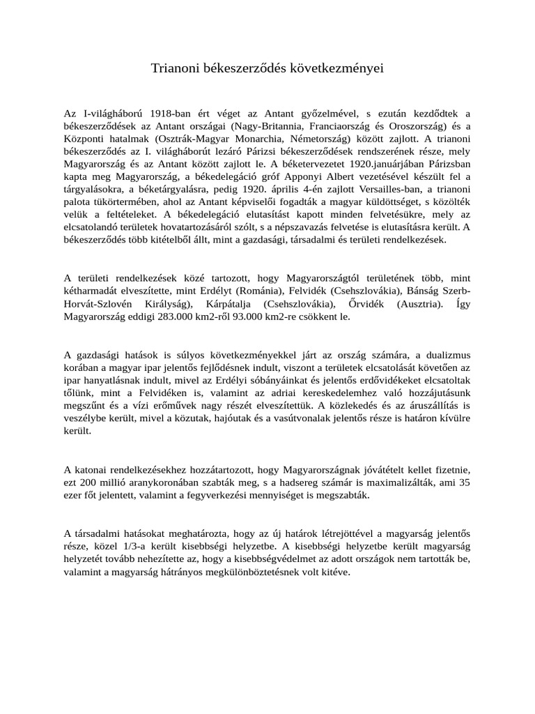 Trianoni Békeszerződés Következményei | PDF