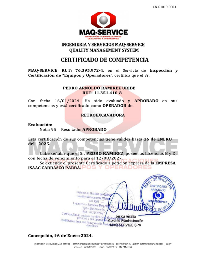 31 - Maq Service Certificado Operador Sr. Pedro Ramirez 16 02 2024 | PDF | Tecnología