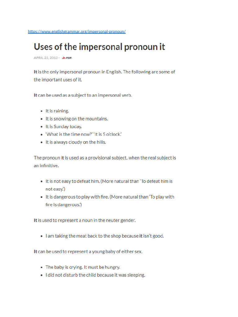 Impersonal Pronoun 'It' | PDF | Language Arts & Discipline | Foreign ...