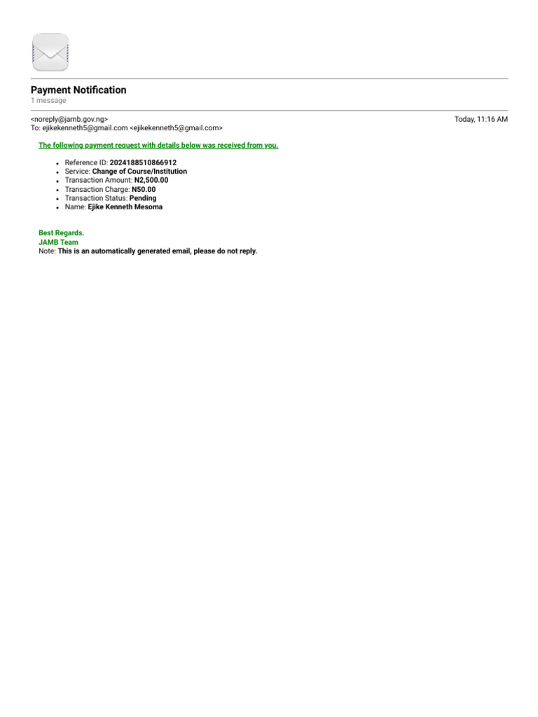 Change of Course - Payment Notification | PDF