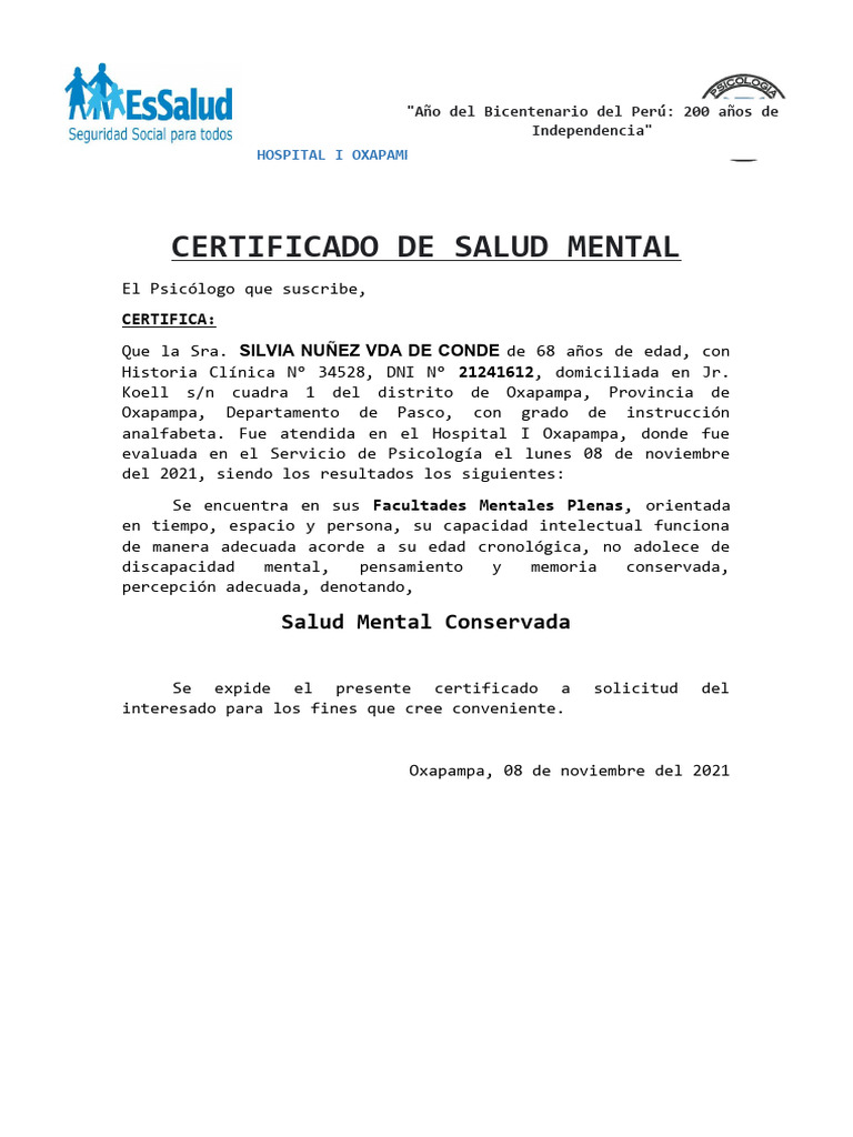 Certificado de Salud Mental Oxapampa | PDF | Salud y bienestar ...