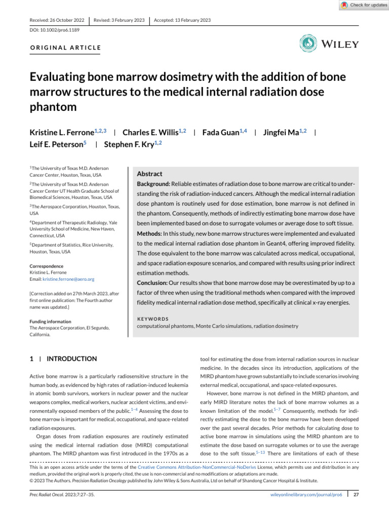 Precision Radiation Oncology - 2023 - Ferrone - Evaluating Bone Marrow Dosimetry With The ...