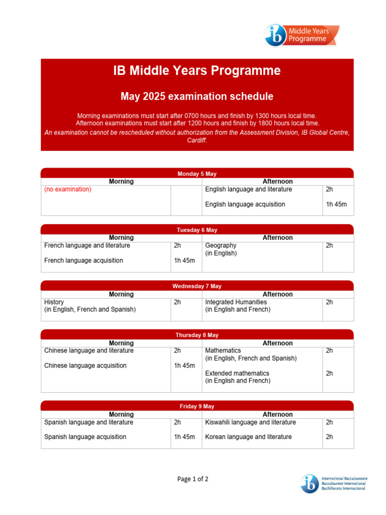 IB MYP May 2025 Exam Schedule | PDF | Language Arts & Discipline