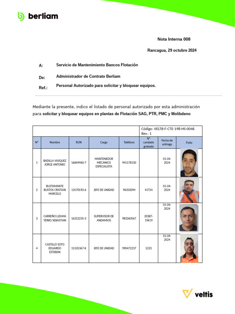 Nota Interna 008 Personal Autorizado para Solicitar Equipos | PDF
