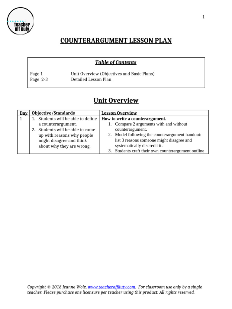 Counterargument Lesson Plan | PDF | Lesson Plan | Reason