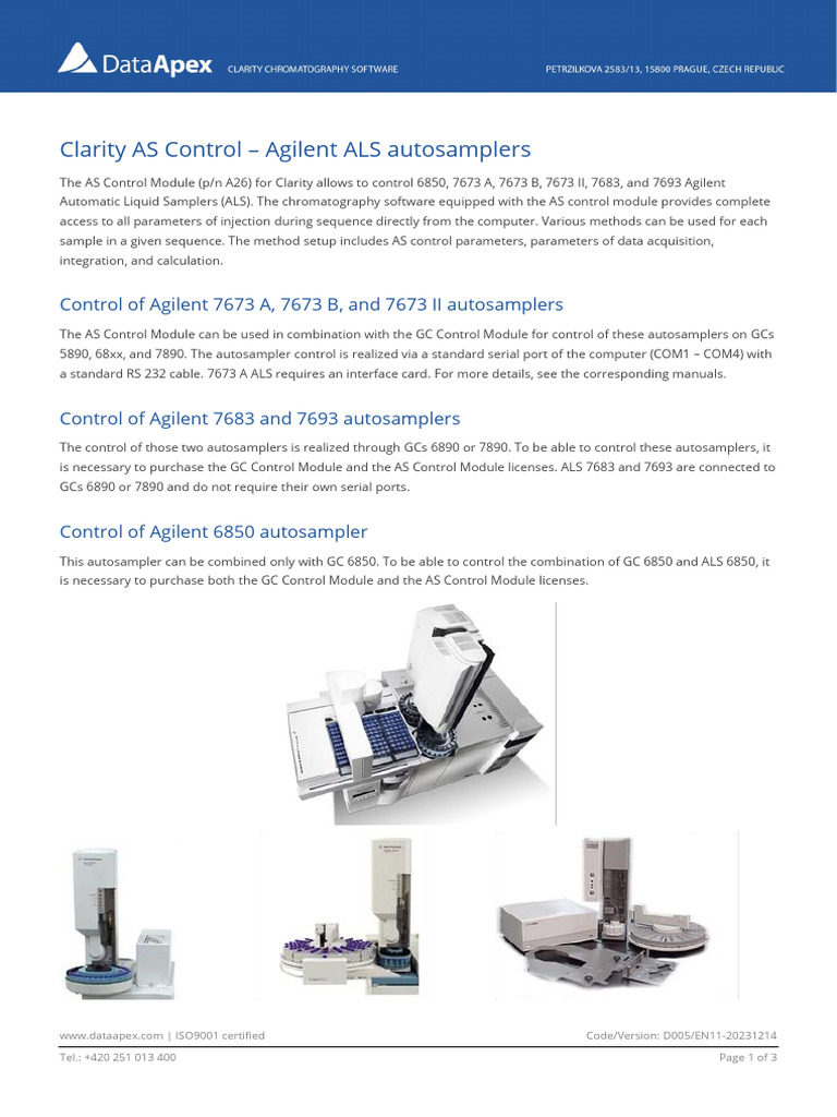 D005 Clarity Controls Agilent ALS7673 7383 | PDF | Gas Chromatography | Computing