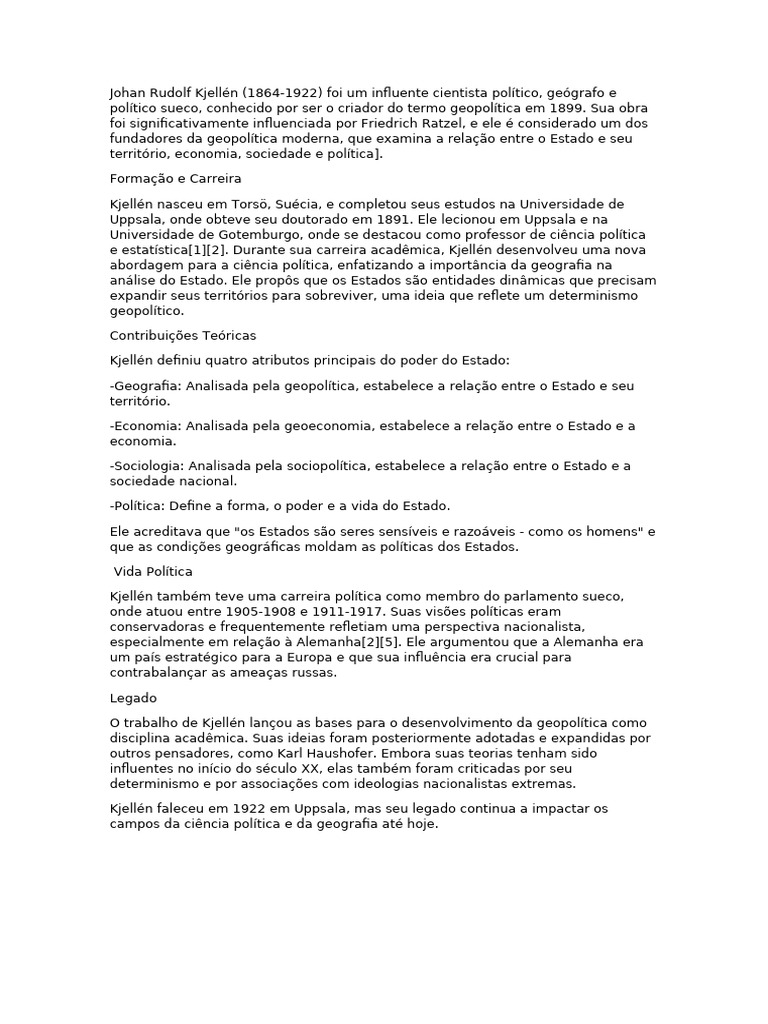 Johan Rudolf Kjellén: Pai da Geopolítica | PDF | História