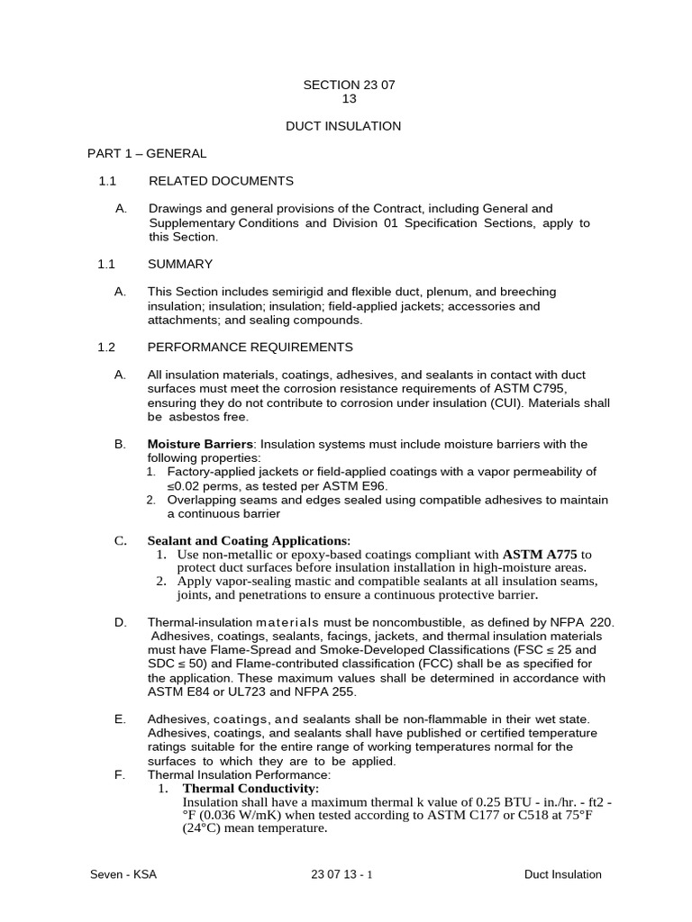 23 07 13 Duct Insulation | PDF | Duct (Flow) | Building Insulation