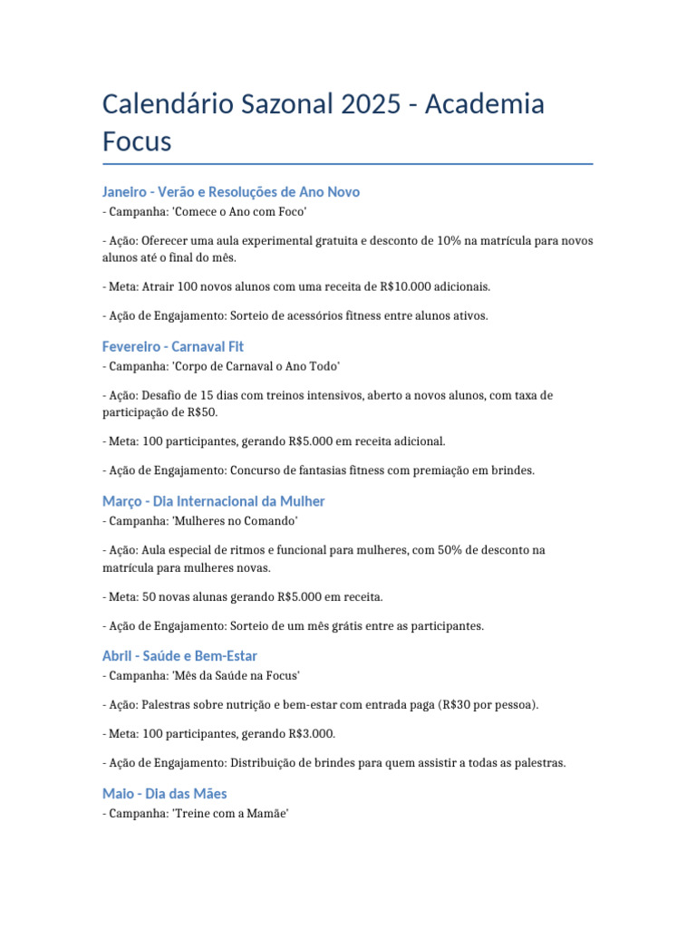 Calendario Sazonal Academia Focus 2025 | PDF | Carreira e Crescimento ...