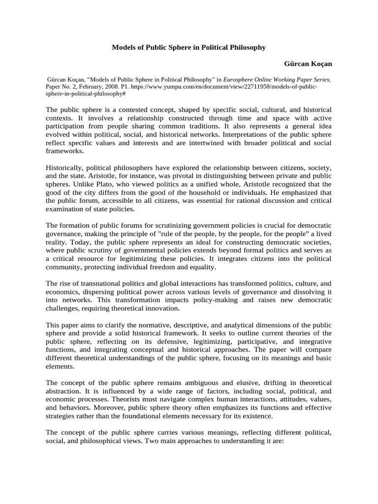 Models of Public Sphere in Political Philosophy | PDF | Public Sphere ...