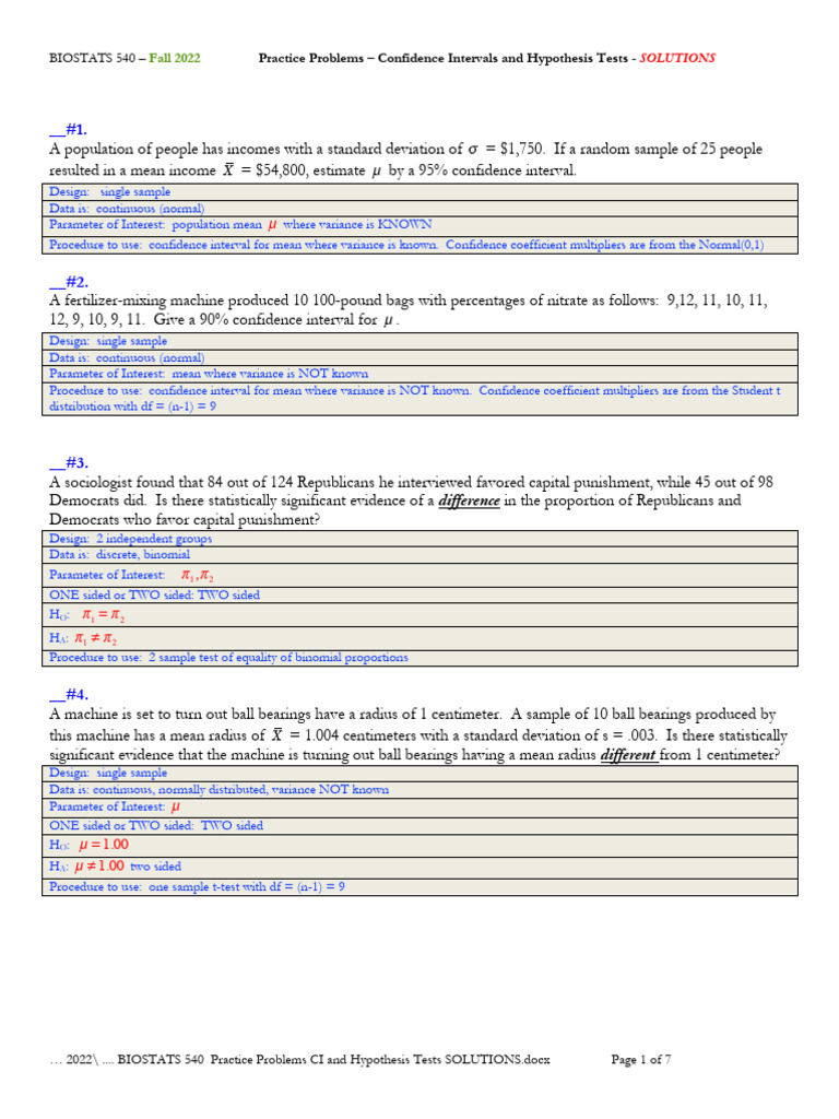 BIOSTATS 540 Practice Problems CI and Hypothesis Tests SOLUTIONS | PDF ...