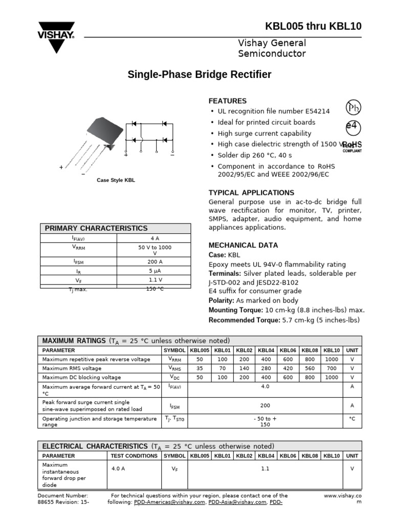 KBL005 | PDF | Diode | Rectifier