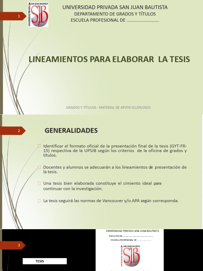 Lineamientos para Elaborar La Tesis - Grados y Titulos Upsjb 01-09-2023 ...