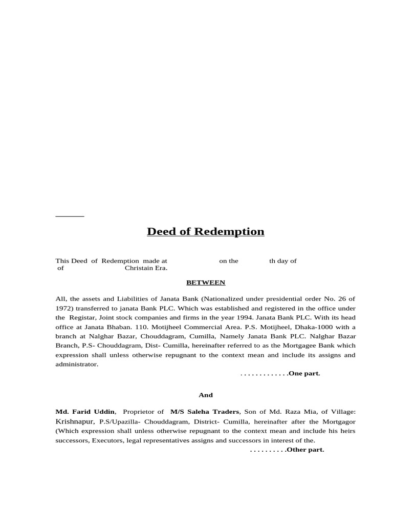 Deed of Redemption: Janata Bank and Md. Farid Uddin | PDF | Mortgage ...