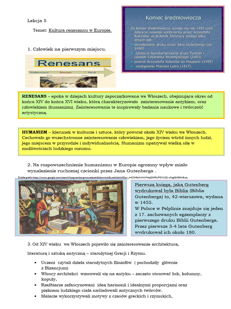 Lekcja 5 Kultura Renesansu W Europie. Klasa 6 | PDF