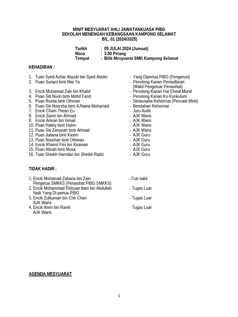 MINIT MESYUARAT AHLI JAWATANKUASA PIBG Kali Pertama 2024 | PDF