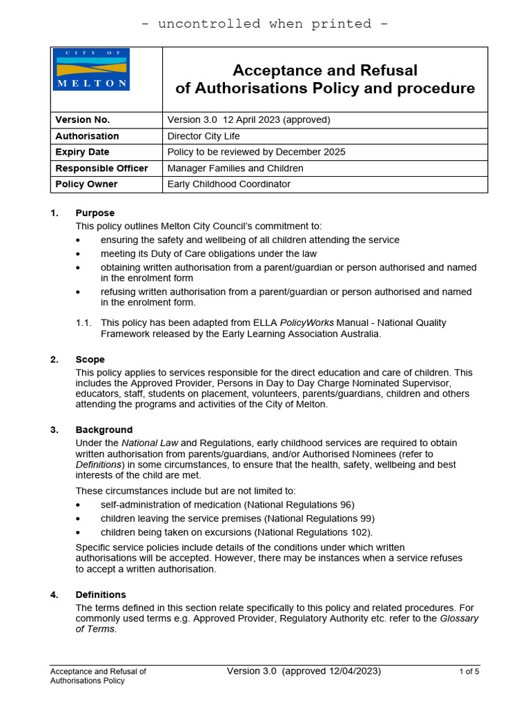 Acceptance and Refusal of Authorisation Policy and Procedure1 | PDF ...