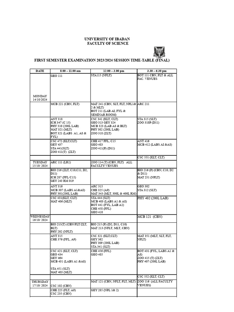 Faculty of Science First Semester Examination Timetable (Final Draft ... Faculty of Science First Semester Examination Timetable (Final Draft ...