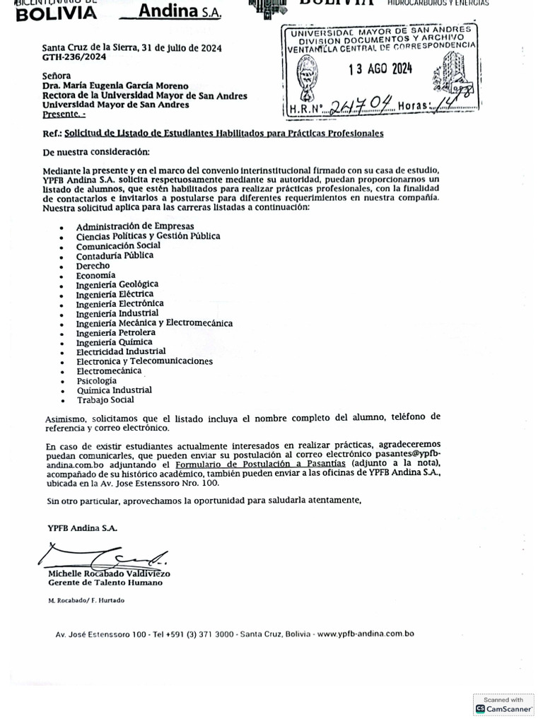 Pasantías YPFB ANDINA S.A | PDF