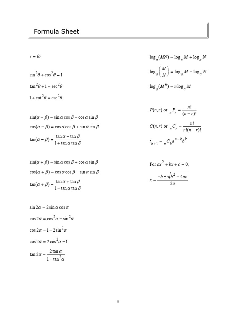 PreCal40S Formula Sheet (From Jan 2020 Exam) | PDF | Mathematics ...