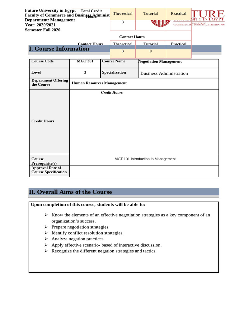Course Specifications Form Negotiation Fall 2020 Updated | PDF ...