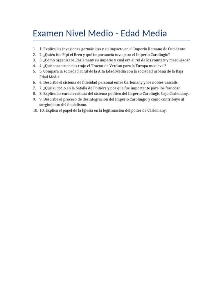 Examen Edad Media: Invasiones y Feudalismo | PDF