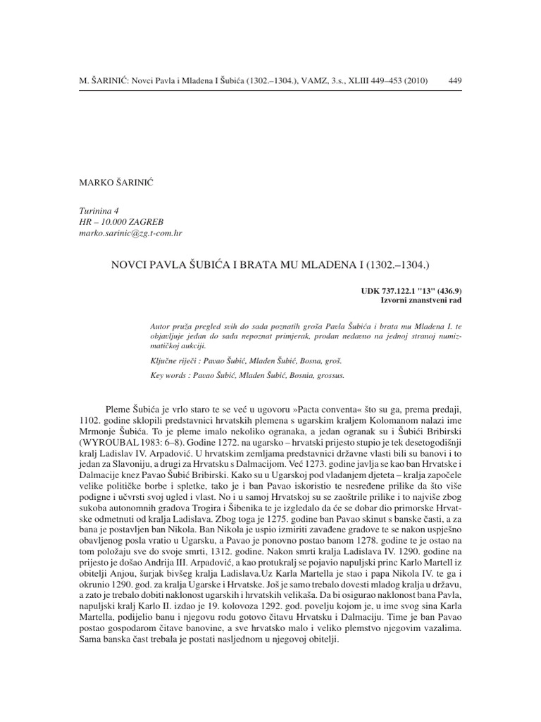 22-SARINIC - Novci Pavla I Mladena I Subica (1302.-1304.) | PDF