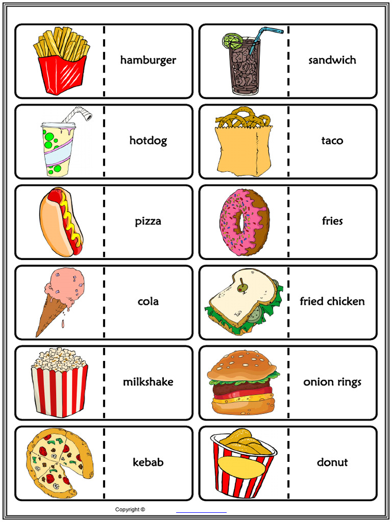 Fast Food Vocabulary Esl Printable Dominoes Game For Kids | PDF