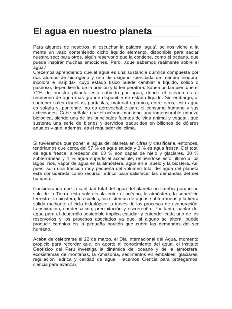 El Agua en Nuestro Planeta | PDF | Agua | Tierra
