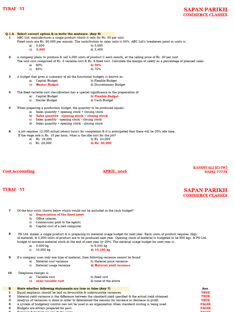 Tybaf Sem Vi Costing Solution April 2016 | PDF | Financial Economics | Accounting