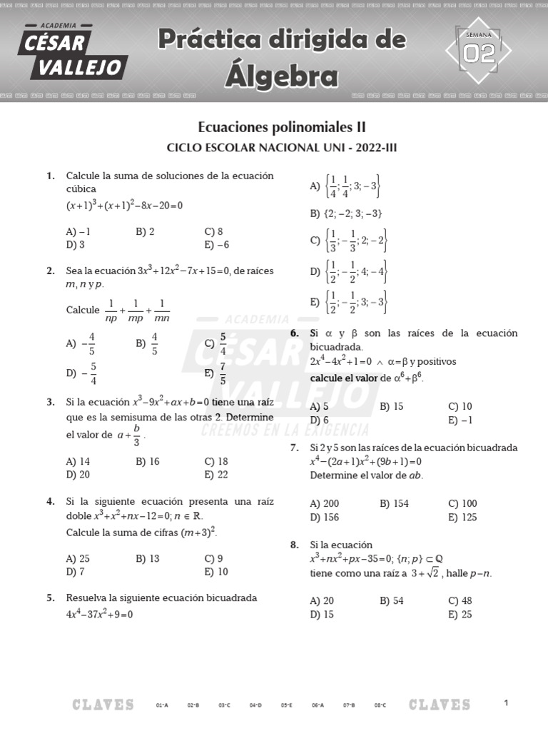 X Esc Nac UNI Diri Sem2 | PDF | Ecuaciones | Álgebra