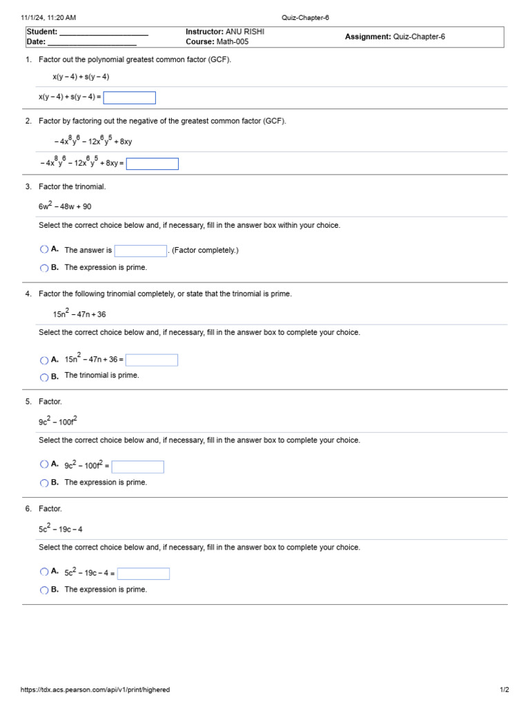 Quiz Chapter 6 | PDF | Factorization | Arithmetic
