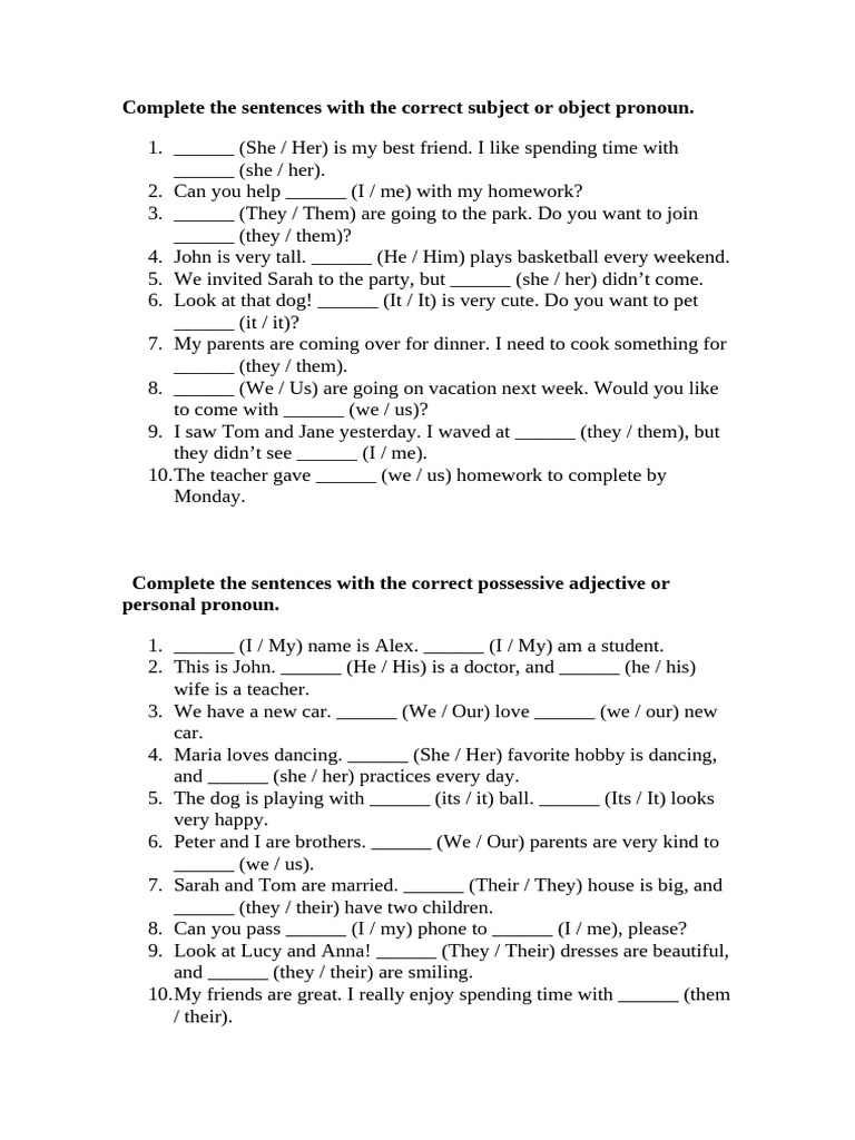 Complete The Sentences With The Correct Subject or Object Pronoun | PDF ...