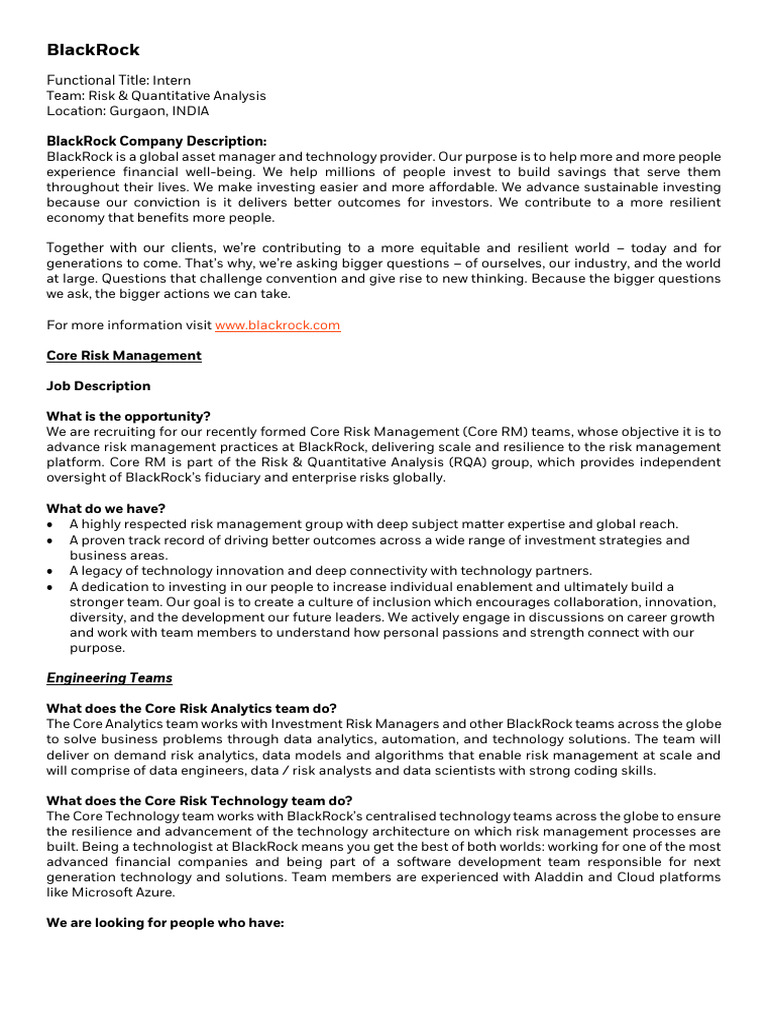 Intern JD - Core Risk Management Intern (RQA - Tech) | PDF | Analytics | Risk
