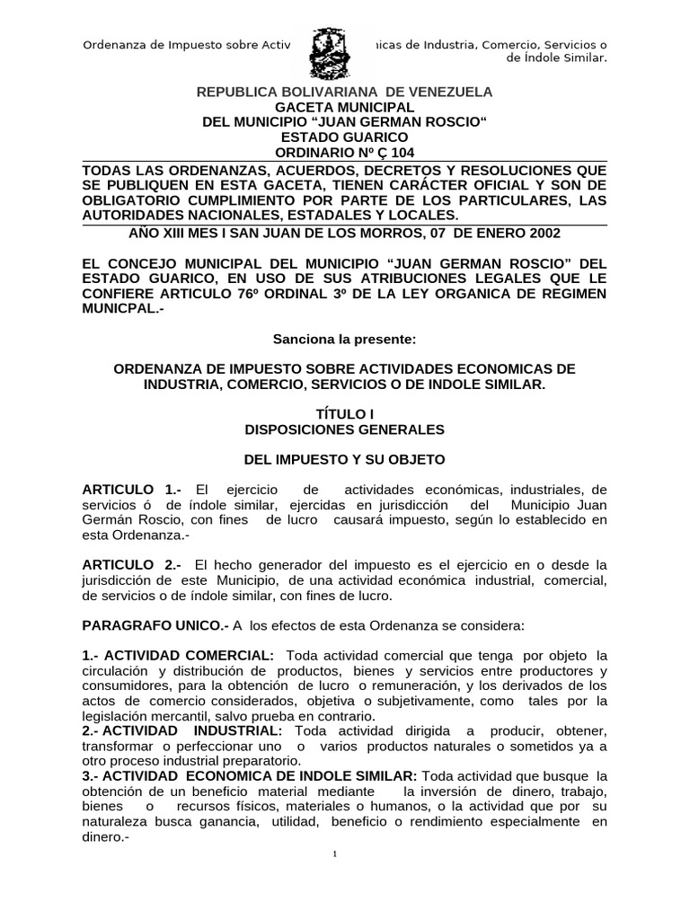 Ordenanza de Impuesto Sobre Actividades Economicas de Indust | PDF | Impuestos | Contabilidad