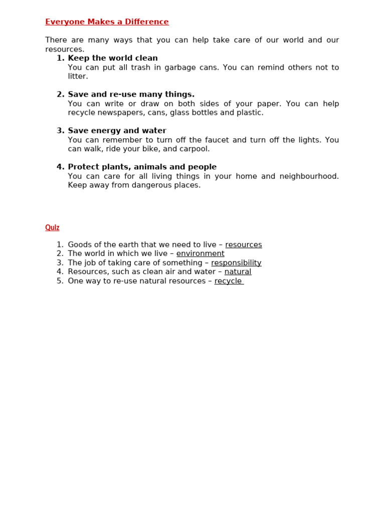 Everyone Makes A Difference - Taking Care of Our World and Resources ...