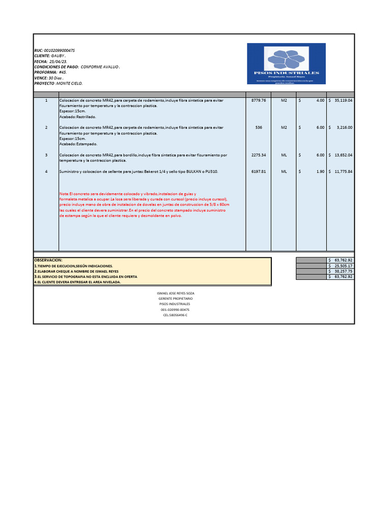 Proformas Ismael Reyes-Gauby, Monte Cielo. | PDF