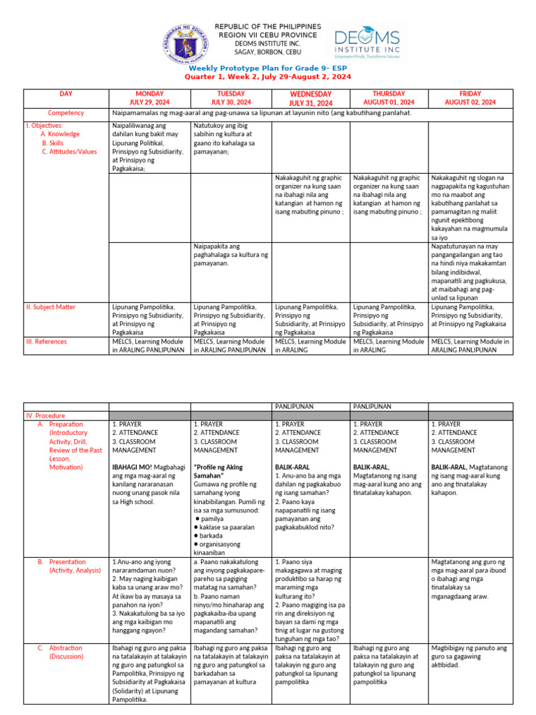 LOG PLAN WEEK 3-4 Grade 9 ESP | PDF