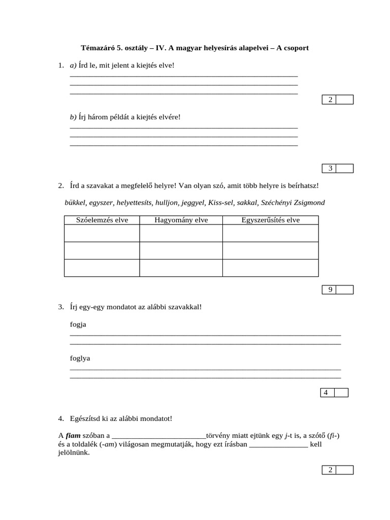 Nyelvtan 5 o Témazáró Helyesirasi Alapelvek Acsop | PDF