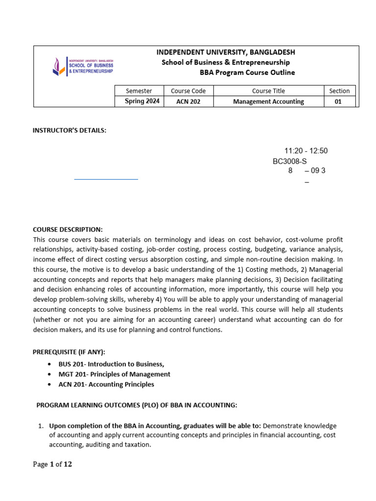 Course Outline Acn 202 | PDF | Management Accounting | Accounting
