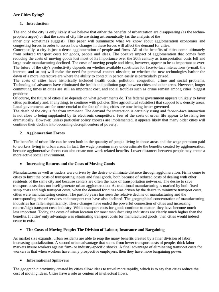 Are Cities Dying Summary | PDF | Cost Of Living | Transport