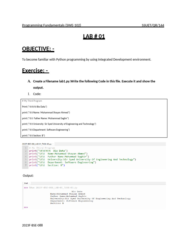 LAB # 01 Objective: - Exercise: - : Programming Fundamentals (SWE-102 ...