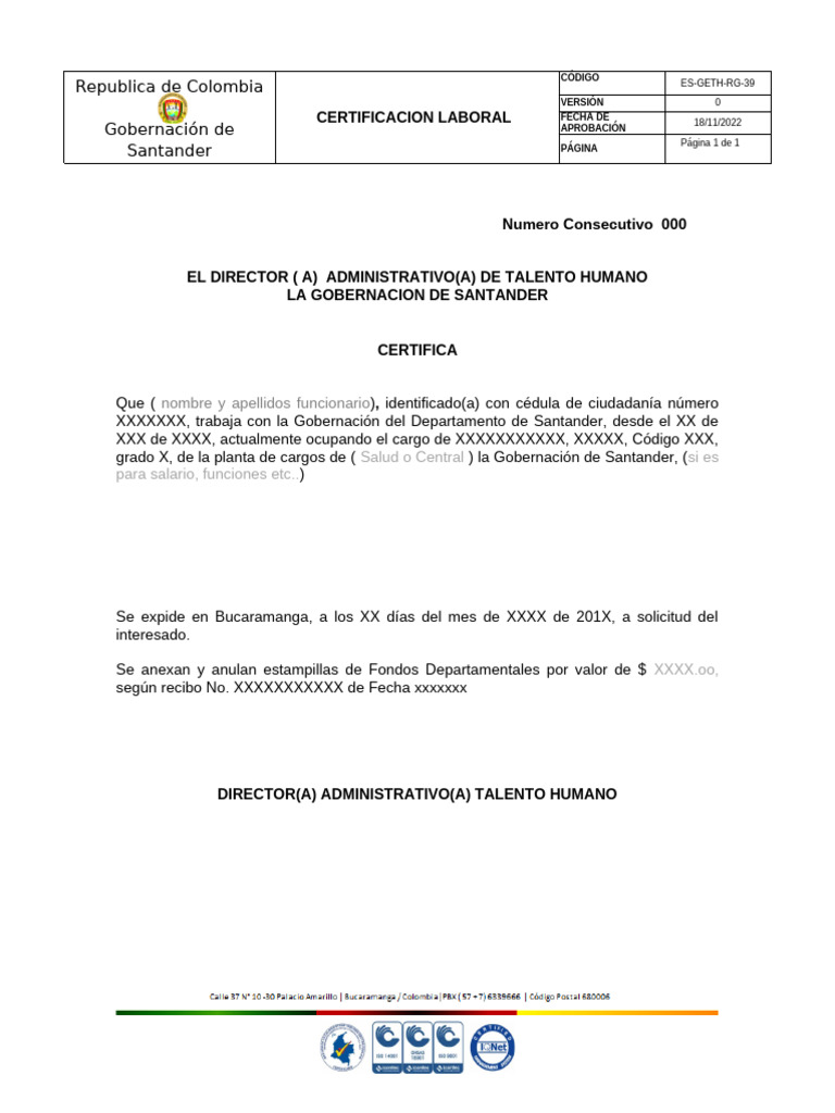 Es-Geth-Rg-39 Formato Certificacion Laboral | PDF