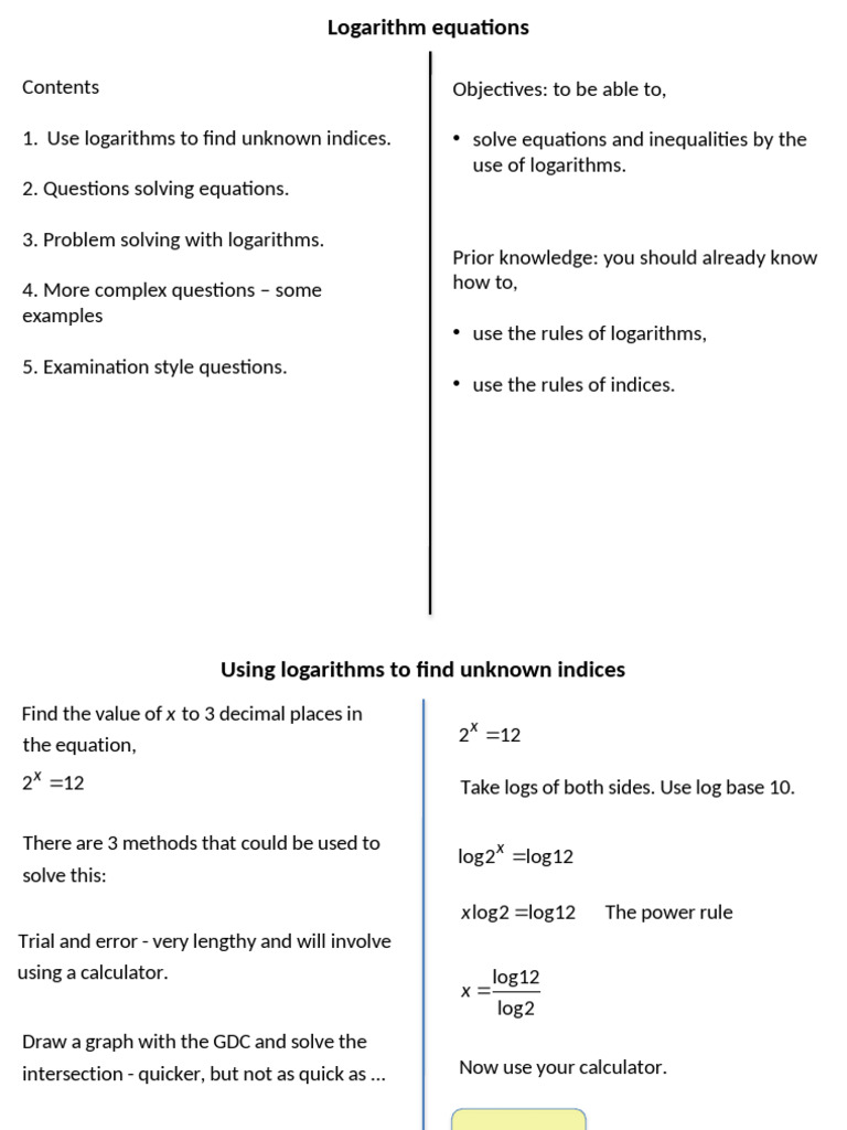 Log Equations | PDF | Logarithm | Equations
