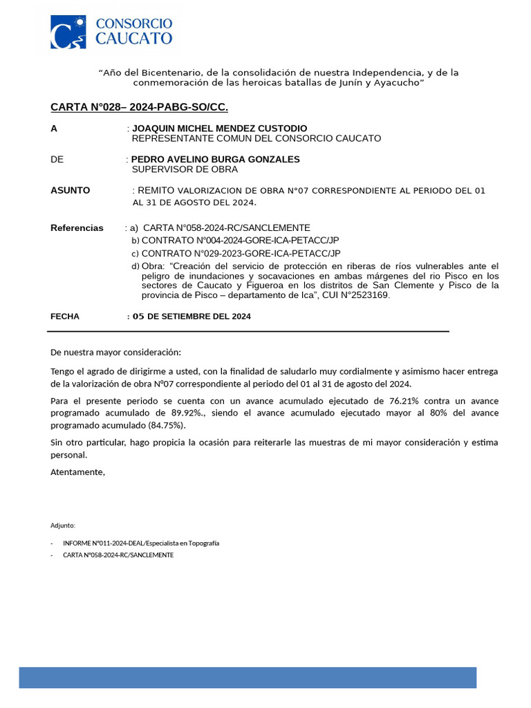 Carta #028 - 2024-Pabg-So-Cc - Valorizacion de Obra N.07-Contractual | PDF | Transporte de tierra
