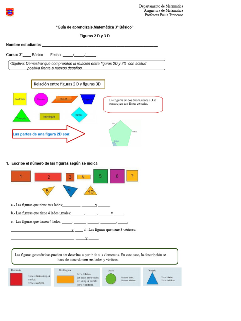 Guía de Figuras 2D y 3D para 3º Básico | PDF | Geometría | Geometría ...