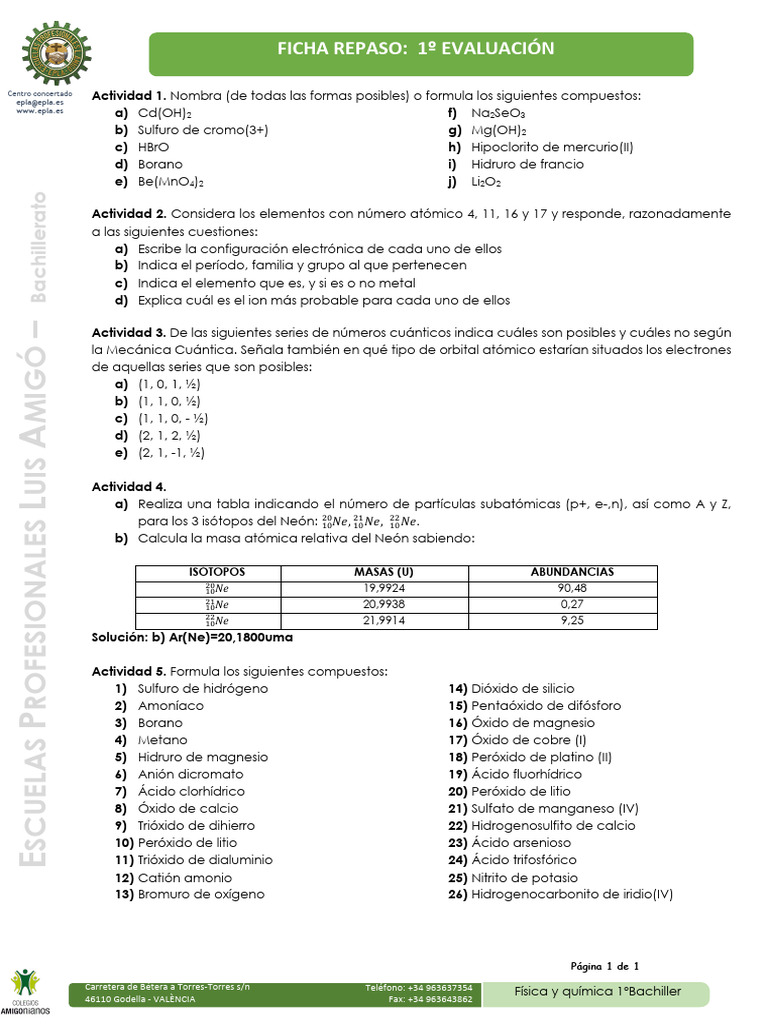 FICHA REPASO Soluciones 1º EVAL FQ | PDF | Ácido | Peróxido