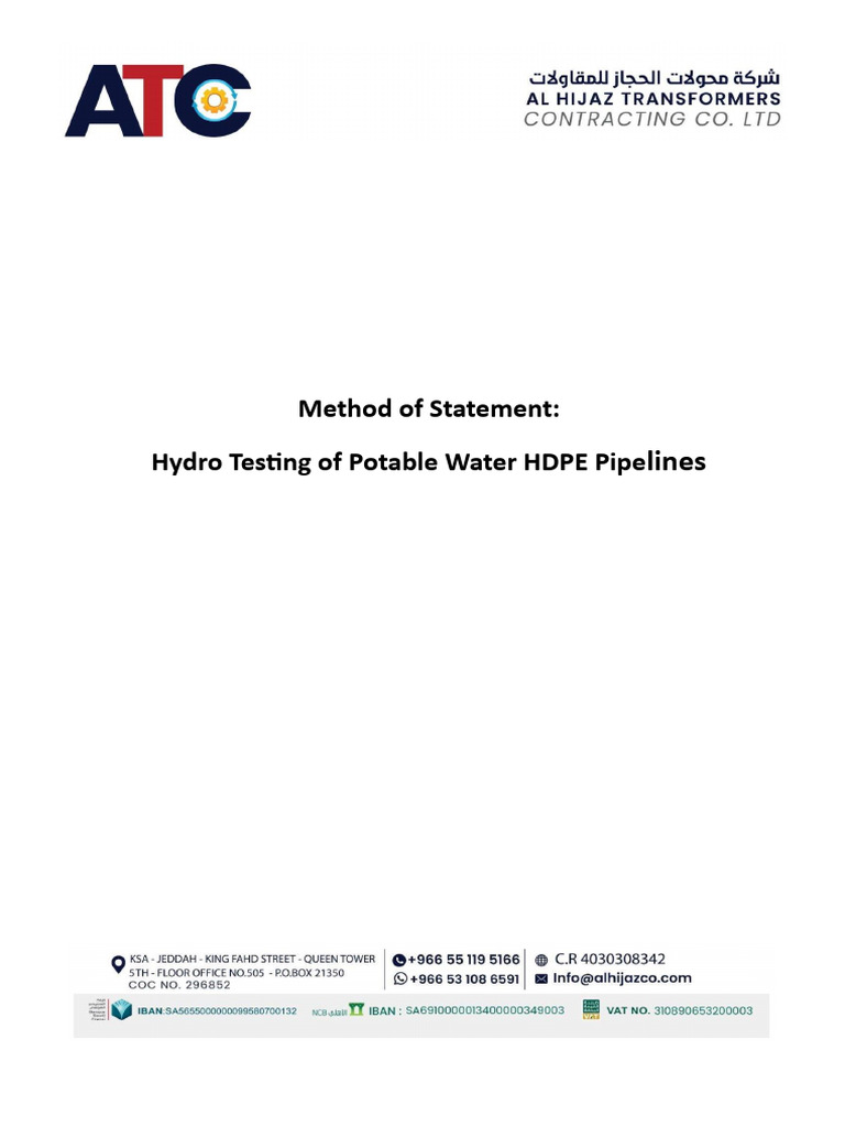 Hydro Testing Water Method of Statement | PDF | Pipe (Fluid Conveyance ...