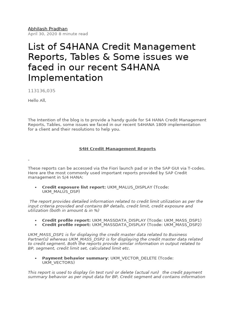 S4HANA Credit Management Tables & Reports | PDF | Information | Credit