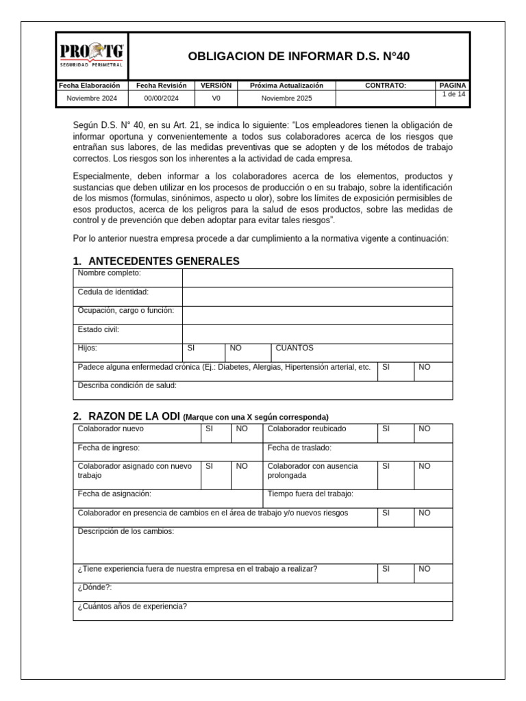 Obligación Informativa D.S. N°40 | PDF | Seguridad y salud ocupacional | Guante